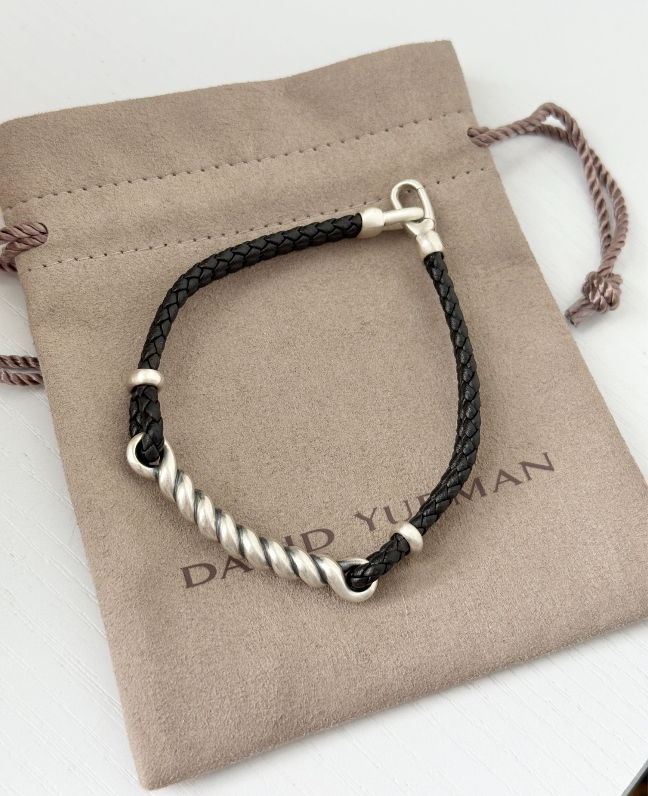 David Yurman Men's Sterling Silver Leather Cable ID B… - Gem