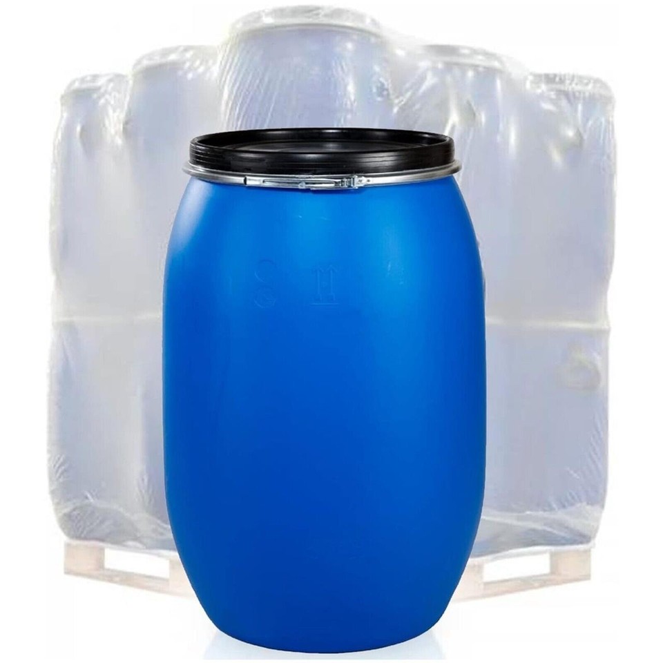 XL 220L Plastic Blue Open Top Storage Barrel Drum Keg with Lid & Latch ...