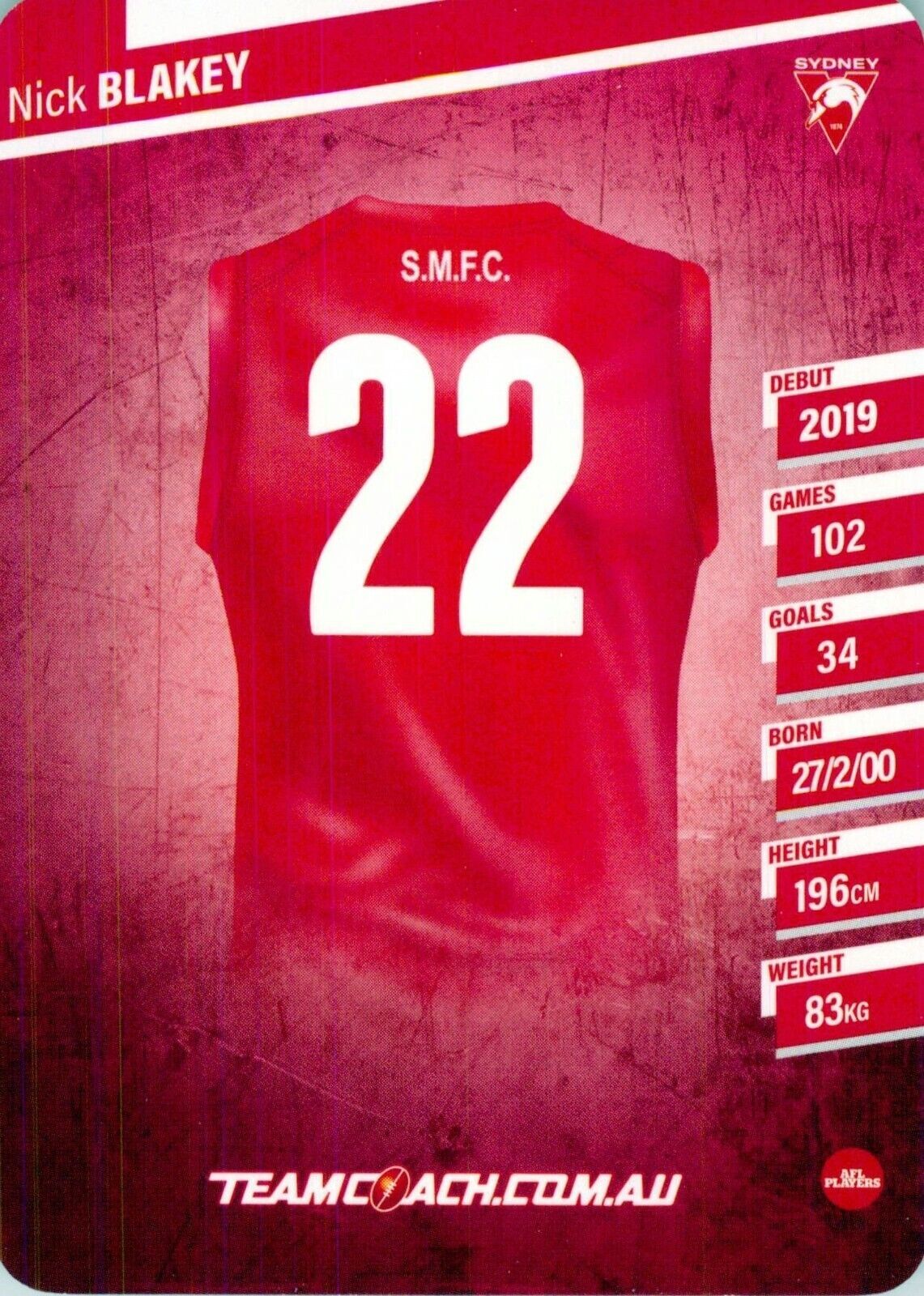 Carte TeamCoach AFL des St Sydney Swans 2024 – Nick Blakey | eBay