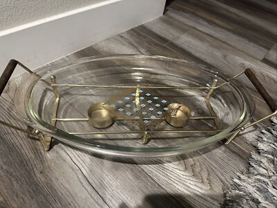 Vintage Mid Century Pyrex Dish Sterno Stand Gold Flecks Briard 3qt Oval ...