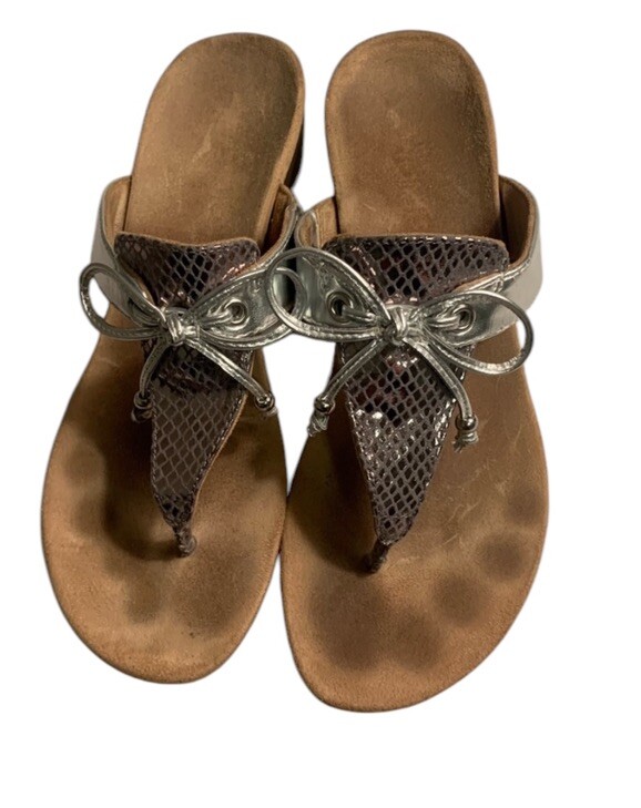 Vionic Della Pewter T Strap Bow Wedge Sandals 8M Shoes Leather Flip ...