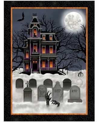 Halloween Fabric Haunted House Spooky Night RETIRED Cotton Studio E 36 ...
