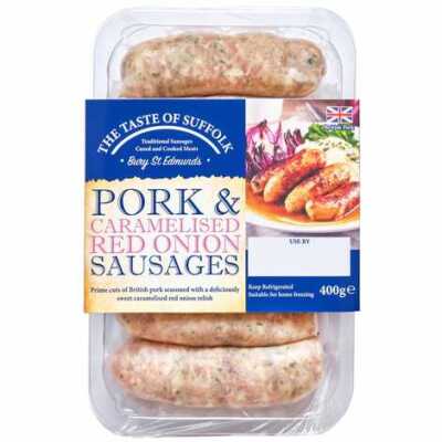 Taste of Suffolk Pork & Caramelised Red Onion Sausages | 1x400g | Free ...