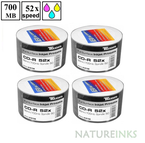 200 Traxdata FF Inkjet Printable White CD-R 52x Discs Ritek Blank CD ...