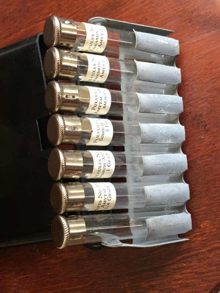 Vintage 20-30s Eli Lilly Apothecary Bakelite Case 7 Glass Vials Metal ...