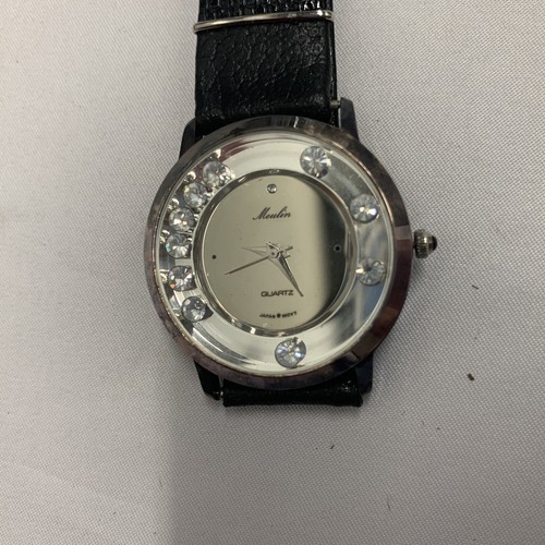 New Vintage Moulin Women’s Quartz Watch silvertone Elegant blk leather ...