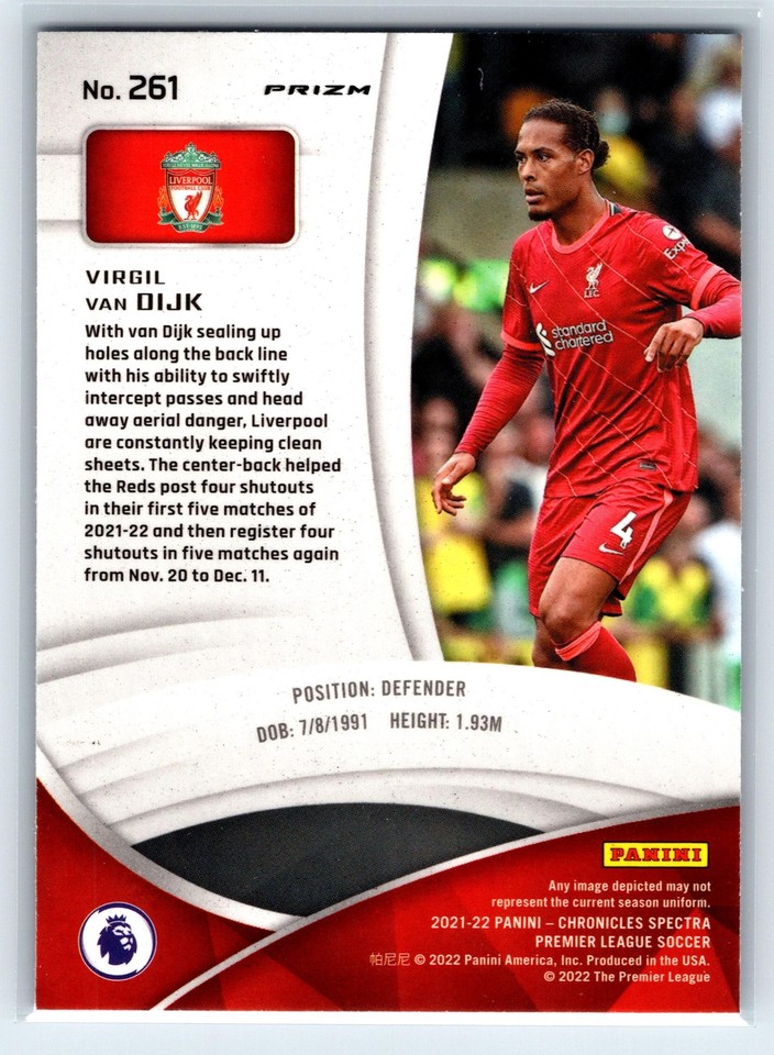 Virgil van Dijk 2022 Panini Chronicles Spectra #261 Purple Mojo Prizm ...