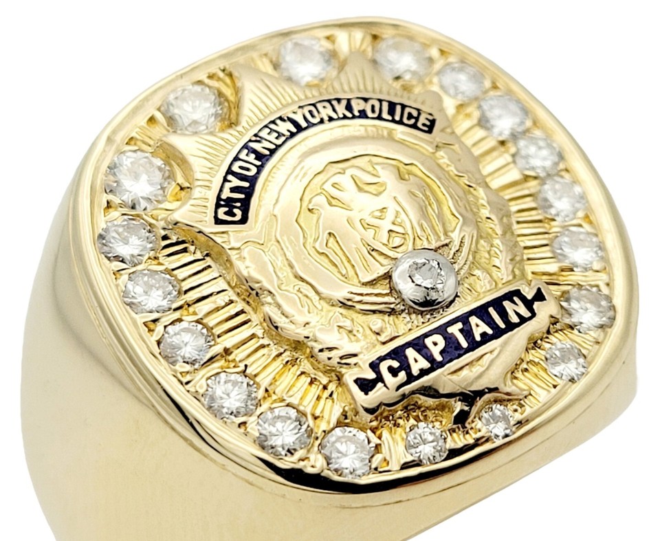 Ring New York City Police Captain Badge Diamond Halo 14 Kt Yellow Gold ...
