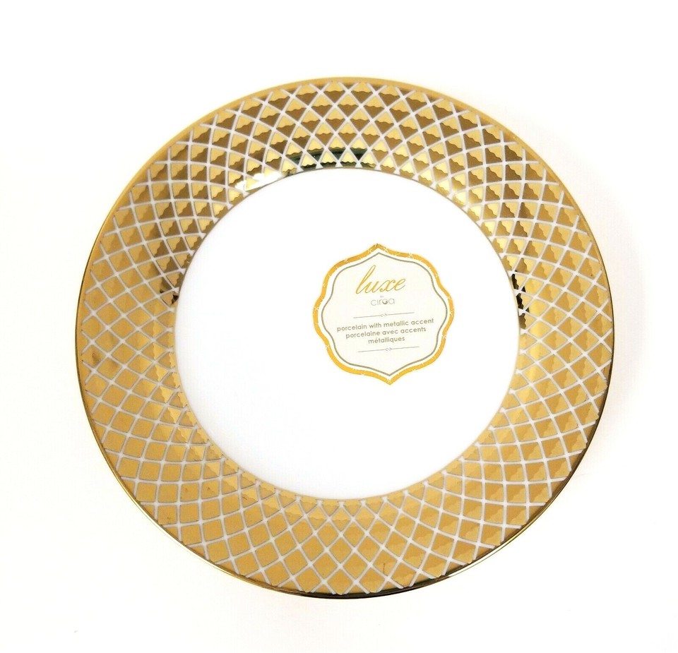 LUXE SET OF 4 PORCELAIN METALLIC GOLD DIAMOND PATTERN DINNER,SALAD ...