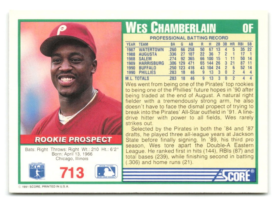 1991 Score Wes Chamberlain Rookie #713 Philadelphia Phillies BASEBALL ...