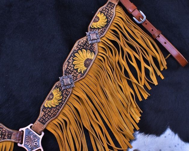 Painted Sunflower Browband Headstall & Fringe Breast Collar & Reins NEW ...