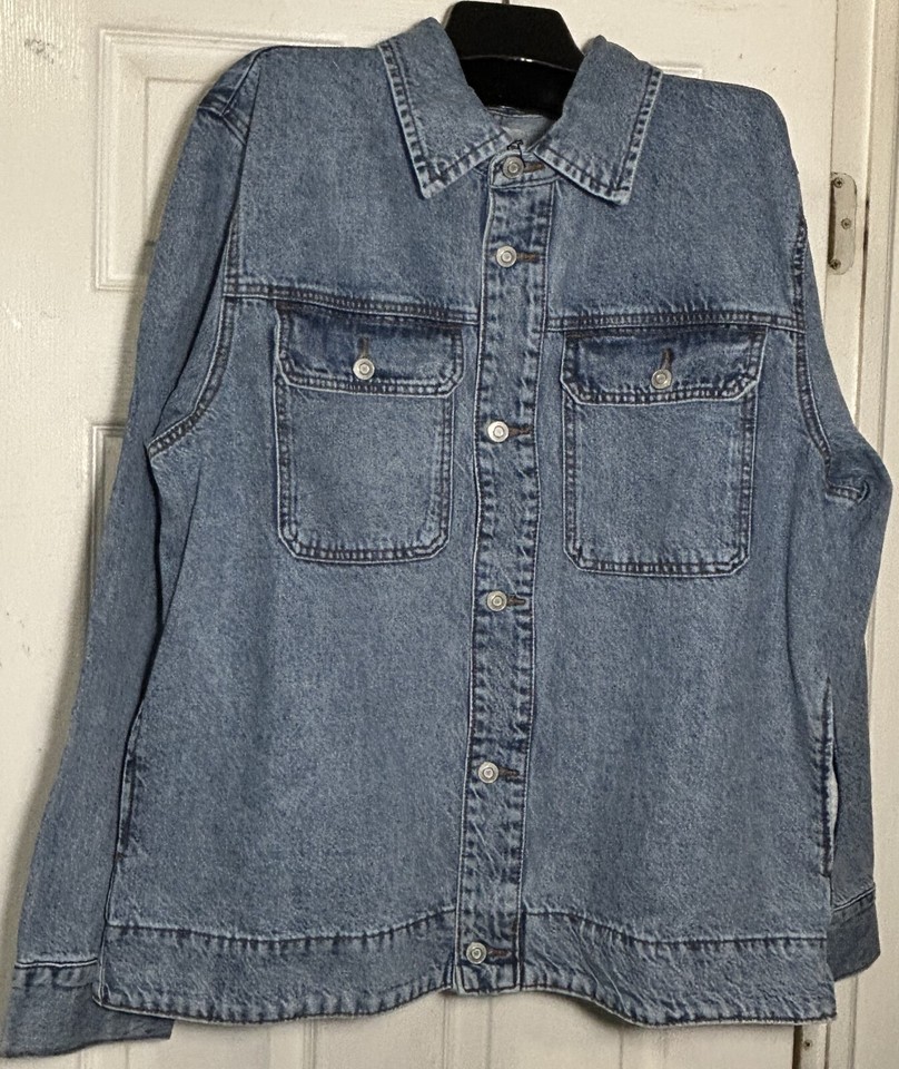 Primark Jacket Men XL washed blue Denim Trucker Utility Worker pockets ...