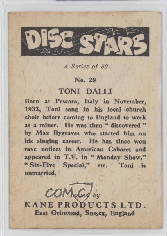1959 Kane Products Disc Stars Toni Dalli #29 04le | eBay
