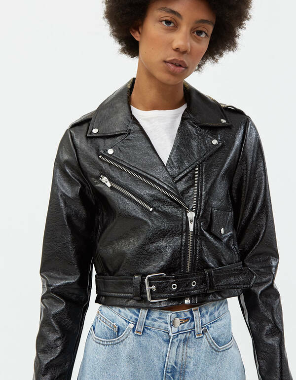 Veda Baby Jane Cropped Moto Jacket Glossy Black Vegan Leather Sz M NWT ...