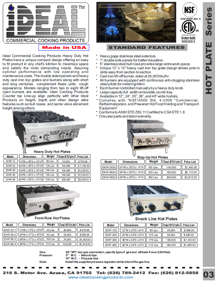 NEW 24" Commercial Hot Plate Counter by Ideal. Made in USA. NSF & ETL ...