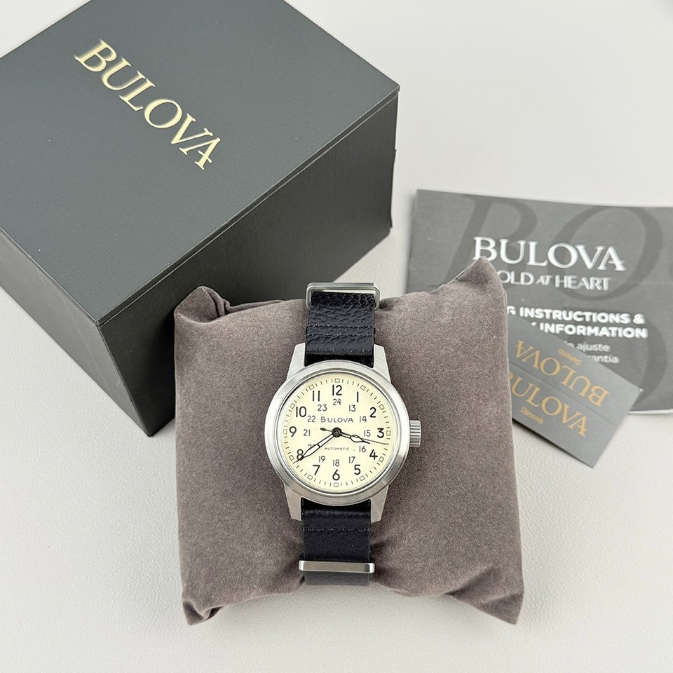 Bulova Hack 96A246 Men's Ivory Dial Black Leather Strap Automatic Watch ...