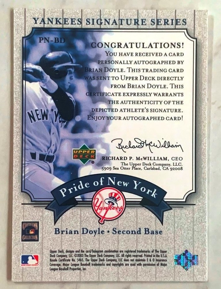 2003 Upper Deck Yankees Signature Series Autographed Baseball Card ...