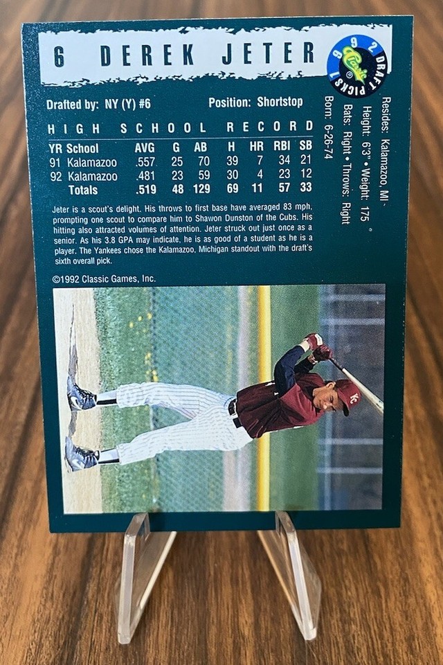 DEREK JETER ROOKIE CARD 1992 Classic DRAFT PICKS RC Baseball HS Jersey ...