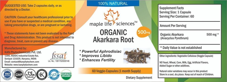 ORGANIC Akarkara Root Capsules Anacyclus Pyrethrum aphrodisiac libido ...