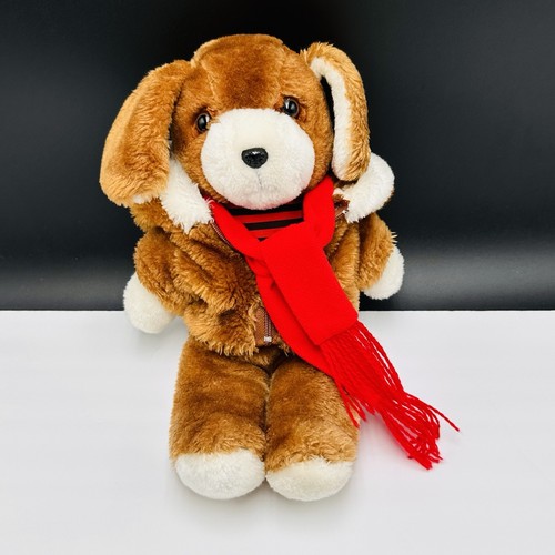 Vintage Avon Puppy Dog Plush Brown Jacket Stuffed Animal Red Striped ...