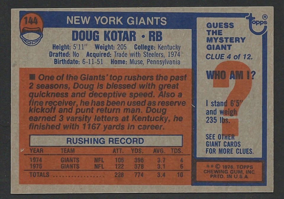 1976 Topps #144 DOUG KOTAR New York Giants CREASE FREE - 01 | eBay