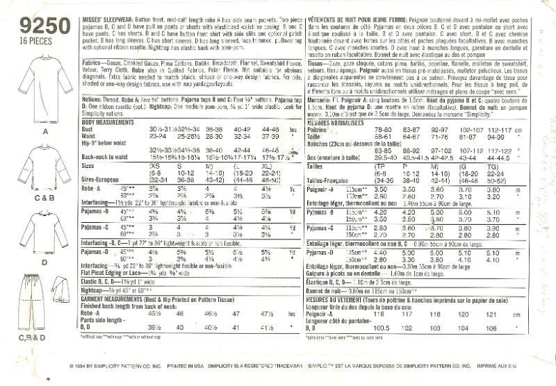 Simplicity 9250 Misses Sleepwear Nightwear Pajamas Robe Easy XS,S,M ...