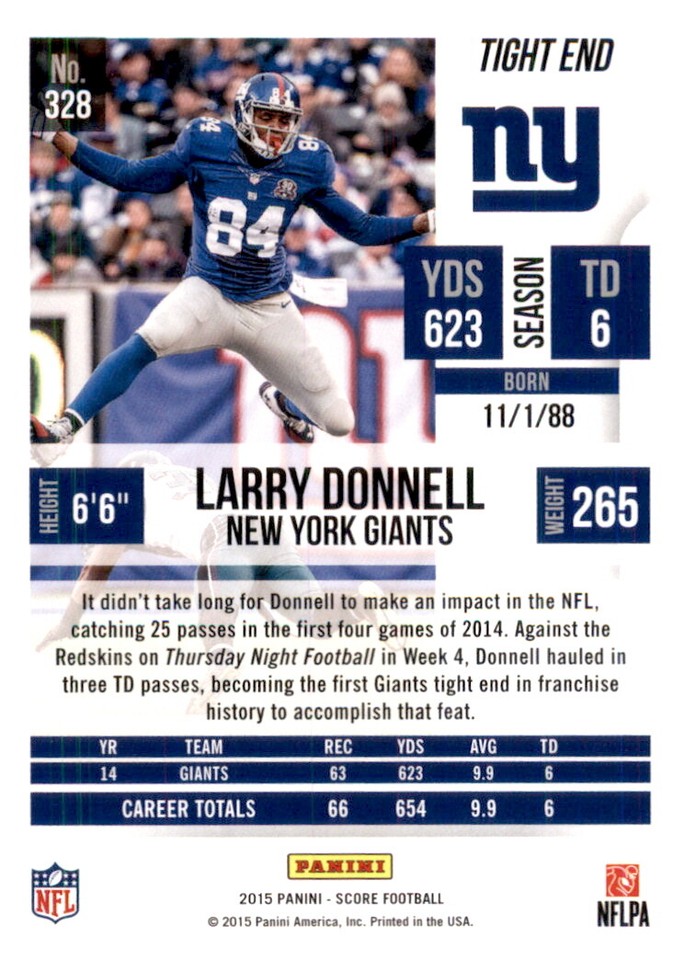 2015 Score Larry Donnell NFL PWE Base Card Giants #328 | eBay