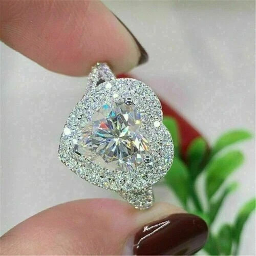 3.00 Ct Heart Cut Moissanite Halo Engagement Ring 14K White Gold Plated ...