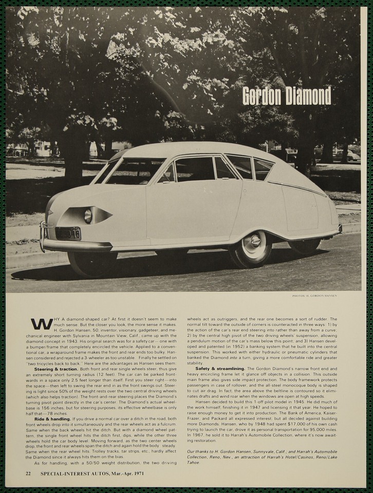 1947 Gordon Hanson Diamond Concept Prototype Car Vintage Pictorial ...