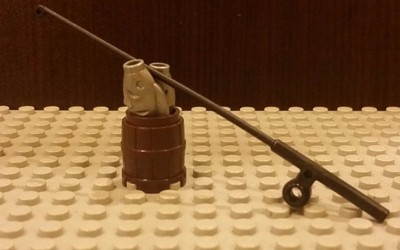 Lego NEW Black Fishing Rod/Pole w/ 2 Silver Fish In A Brown Barrel | eBay