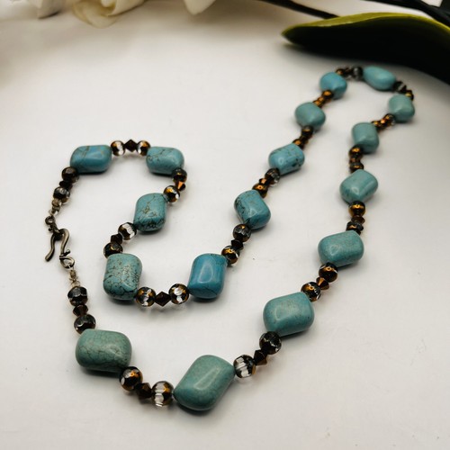 Blue-Green Glass Faux Turquoise Bead 28”Necklace Crackled Stone Boho ...
