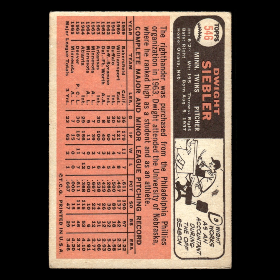 Dwight Siebler #546 1966 Topps HIGH NUMBER Minnesota Twins Baseball ...