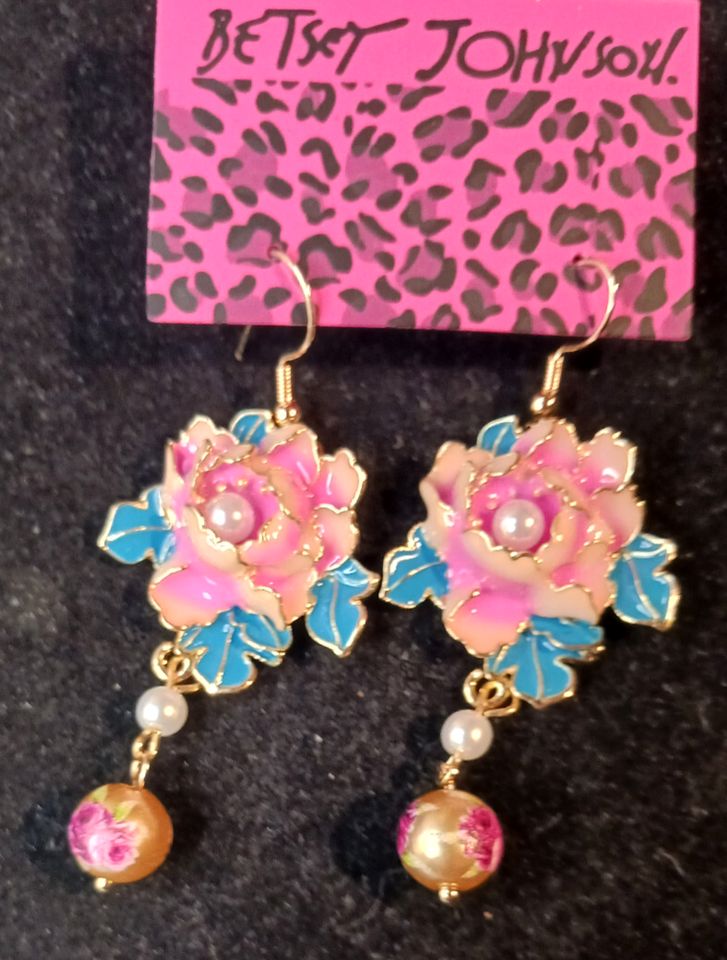 Beautiful Pink LOTUS Flower Pearl Dangle Blue Enamel Betsey Johnson ...