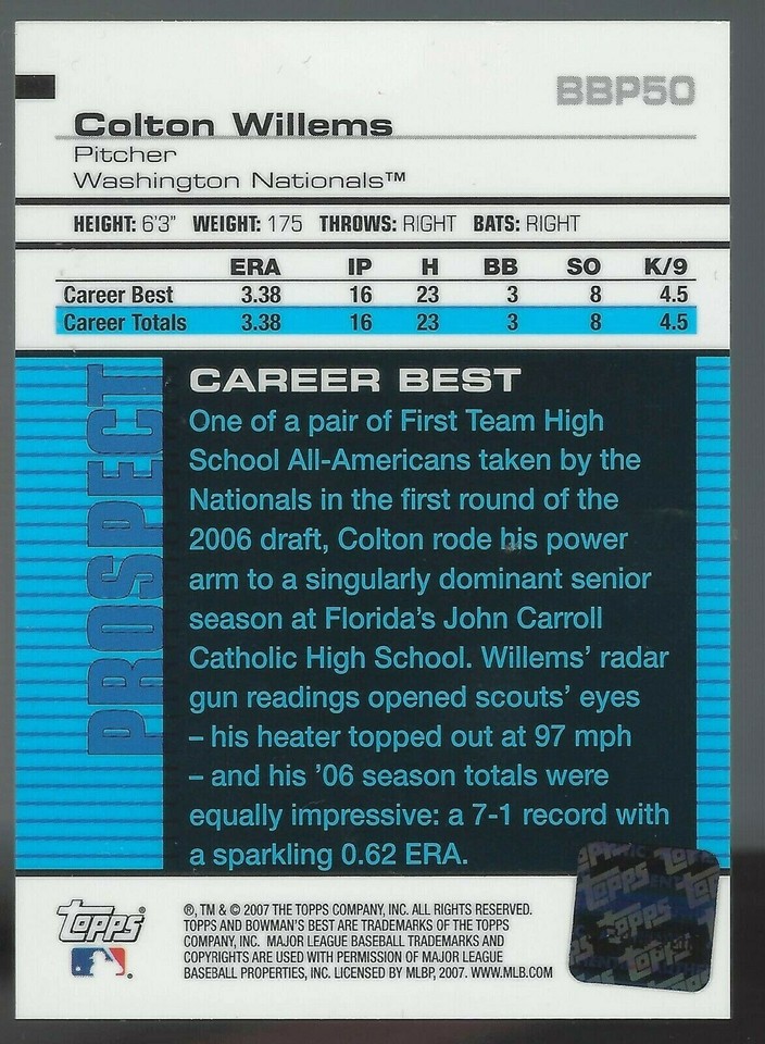 Colton Willems 2007 Bowman's Best Prospects AU Card# BBP-50 | eBay