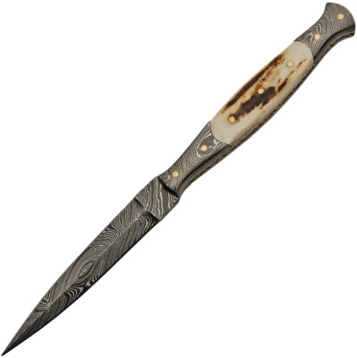 Damascus Slim Fixed Knife 4" Double Edge Steel Dagger Blade Stag Bone ...