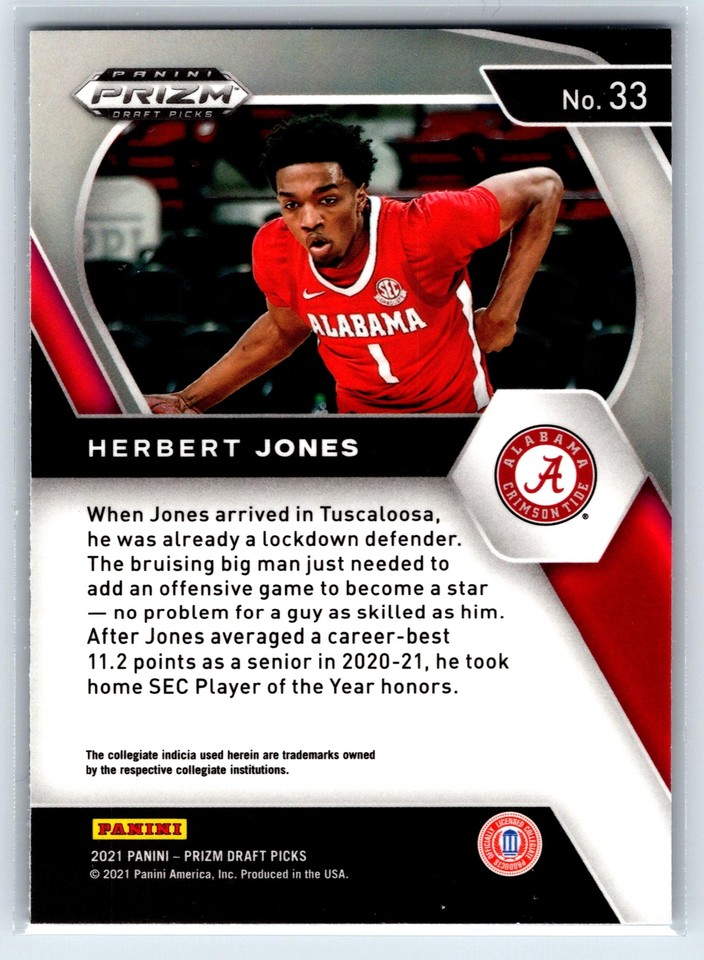 Herbert Jones 2021 Panini Prizm Draft Picks RC Alabama Crimson Tide #33 ...