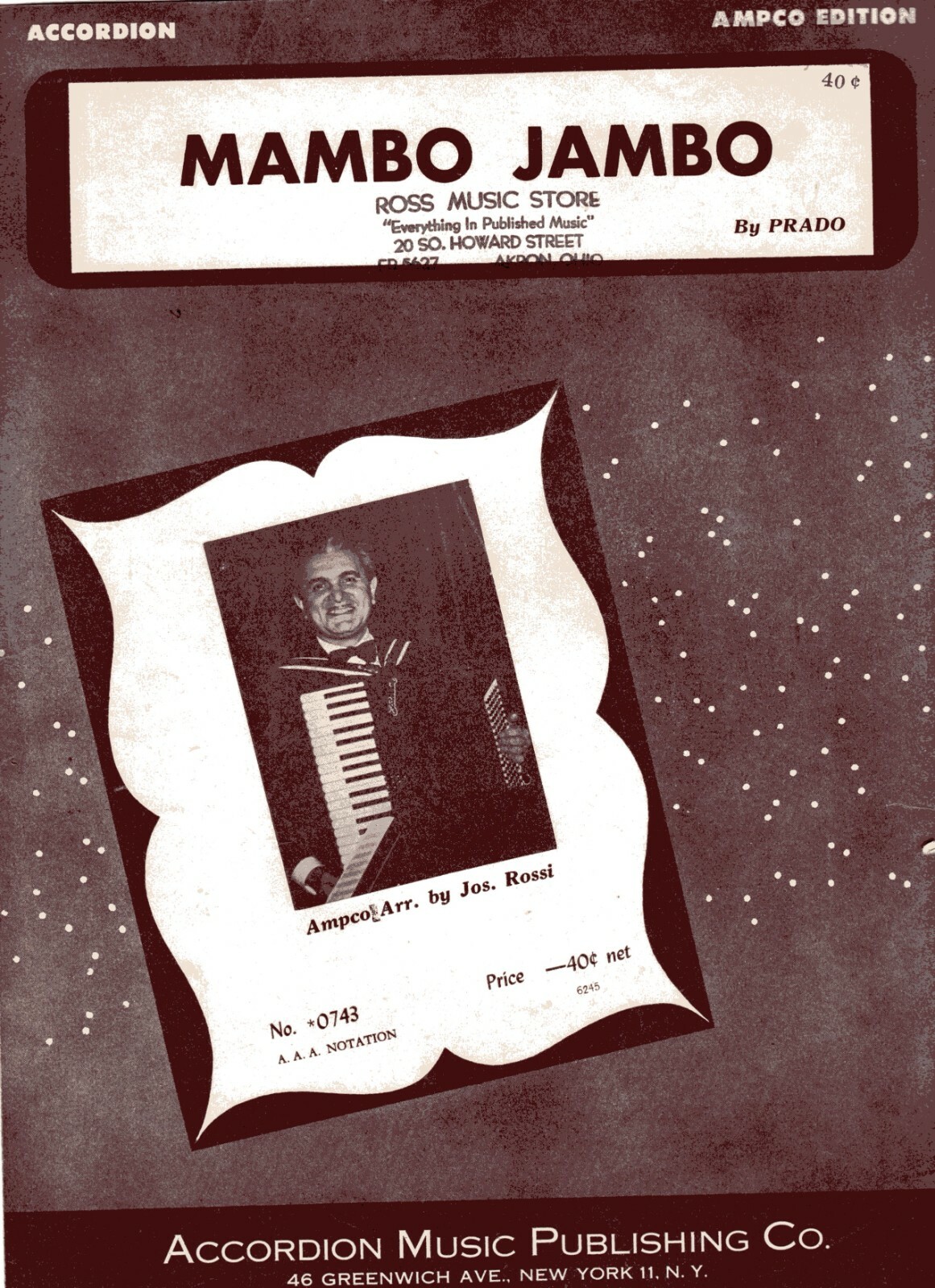 "MAMBO JAMBO" by Prado - Arranged for Accordion by Jos. Rossi- 3 Pgs ...
