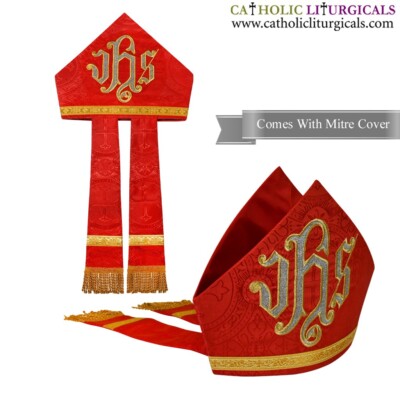 New Red Mitre with IHS embroidery,mitra,Bishop's Mitre, New | eBay