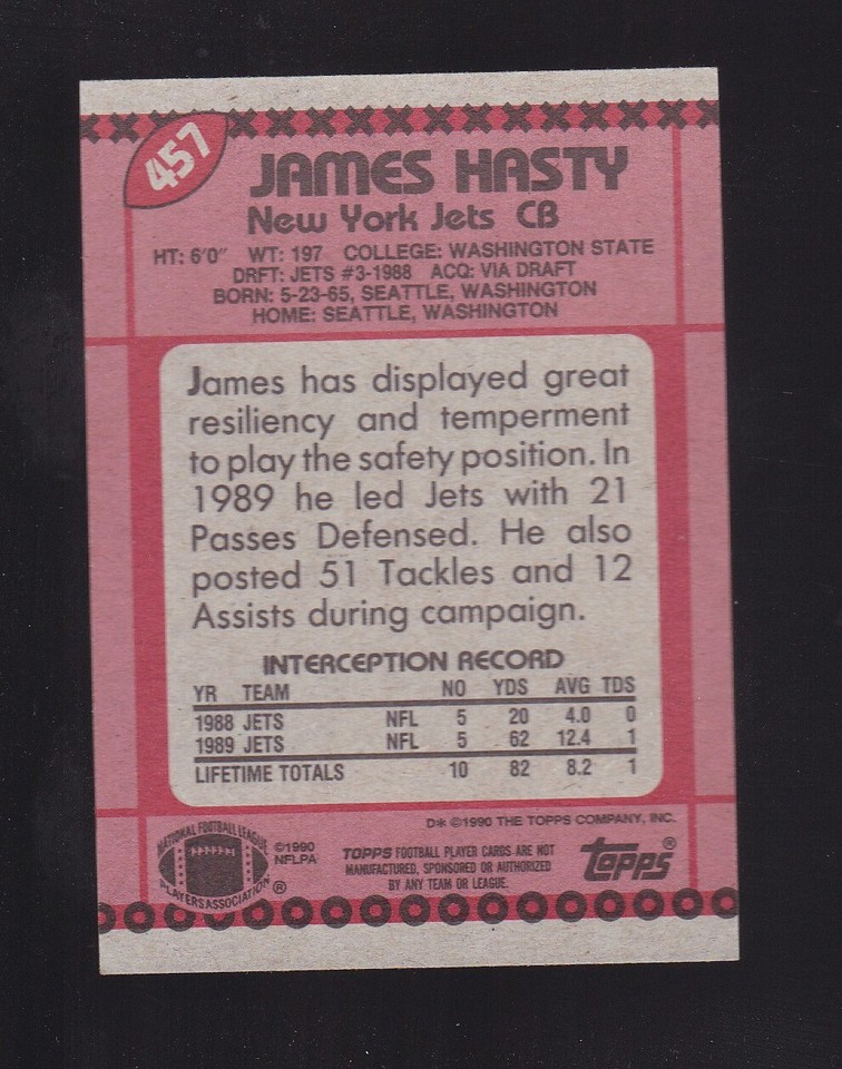 1990 Topps James Hasty #457 New York Jets | eBay