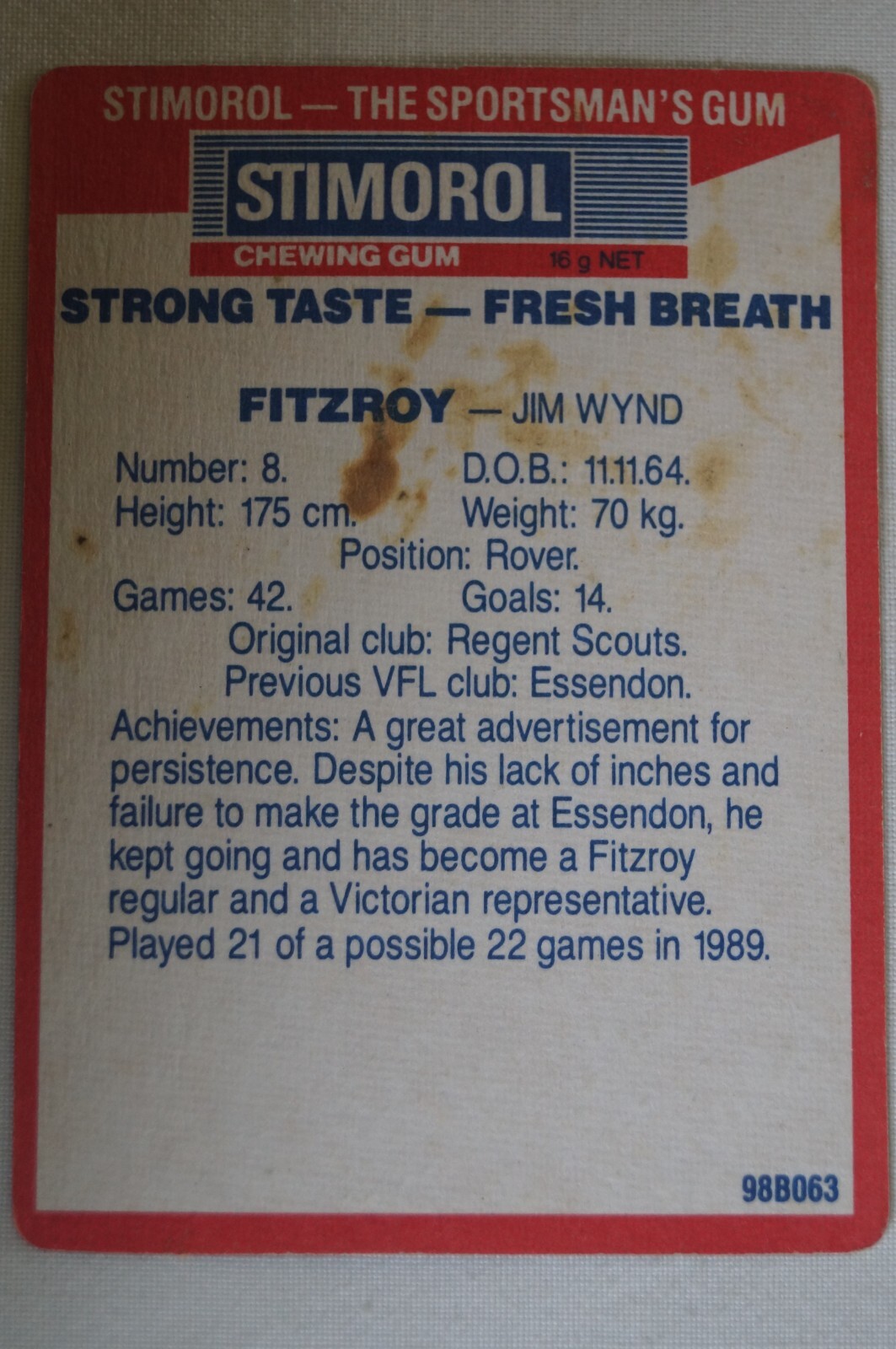 Fitzroy Lions AFL VFL Football Vintage Stimorol Football Card - Jim ...