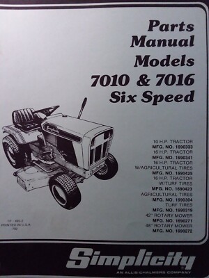 Simplicity 7010 7016 six-speed Lawn Garden Tractor & Mower Parts Manual ...