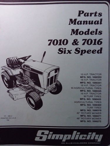Simplicity 7010 7016 six-speed Lawn Garden Tractor & Mower Parts Manual ...