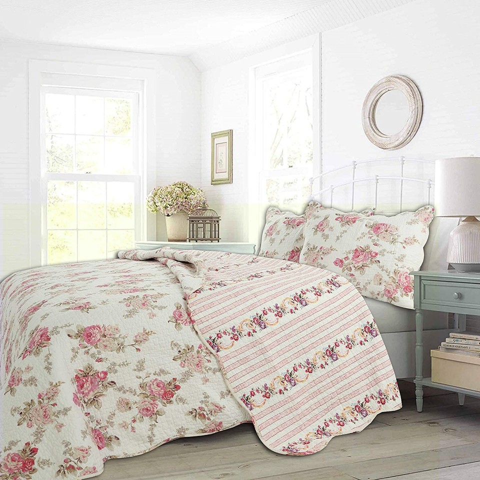 ROMANTIC VINTAGE ROSE 3p Queen QUILT SET : COTTON COTTAGE PINK COZY ...