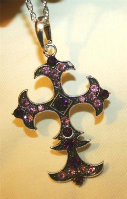 Lovely Rhombus Center Pointed Fleur de Lis Arm Purple Rhinestone Cross ...