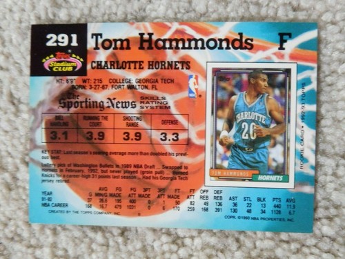 Tom Hammonds Auto Autographed Signed 92-93 Topps Stadium Card Hornets ...