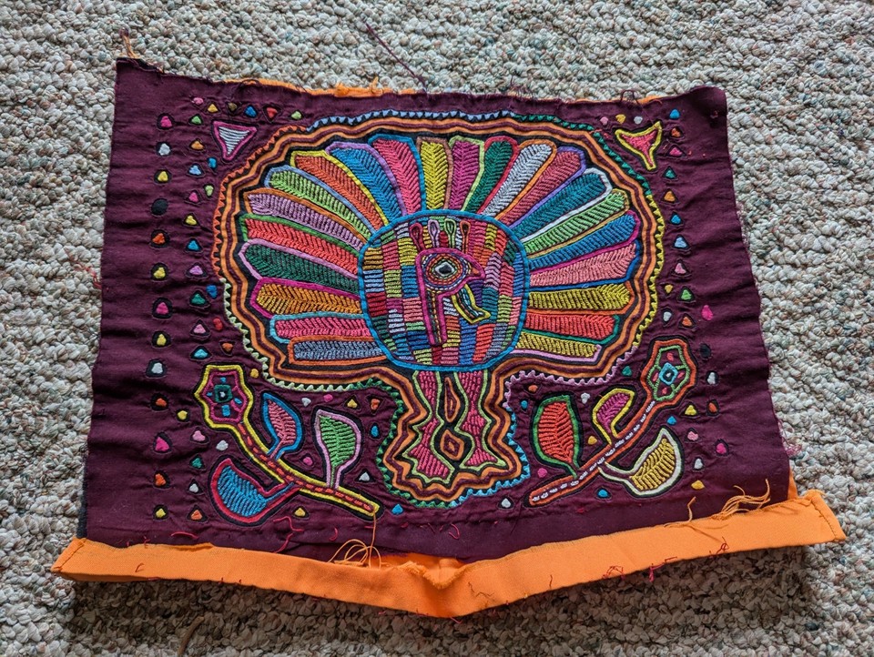 LATIN AMERICA ORIGINAL KUNA TURKEY PEACOCK BIRD MOLA APPLIQUED TEXTILE ...