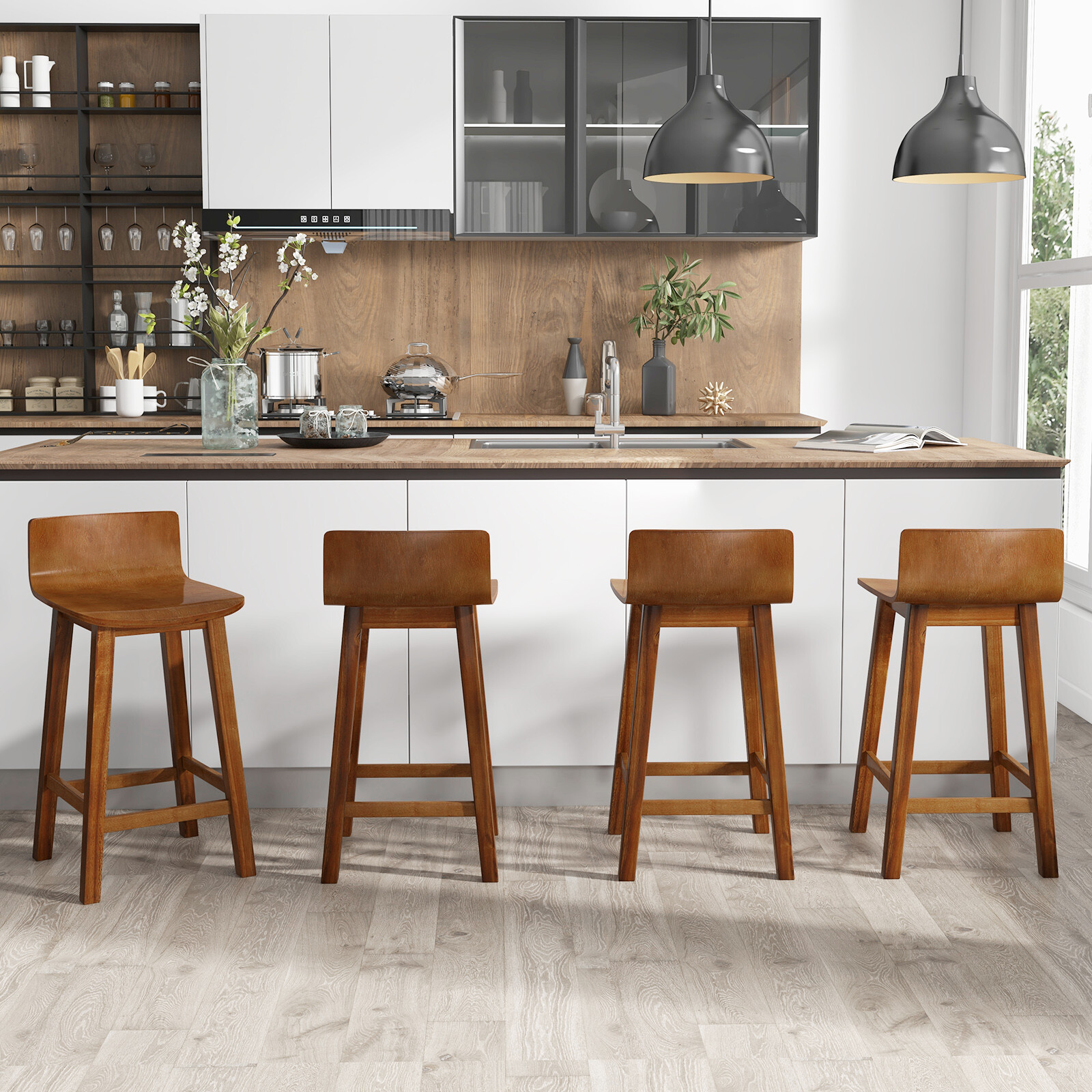 24.5" Wooden Pub Chairs Set of 4 Bar Stools w/ Low Backrest & Footrest ...