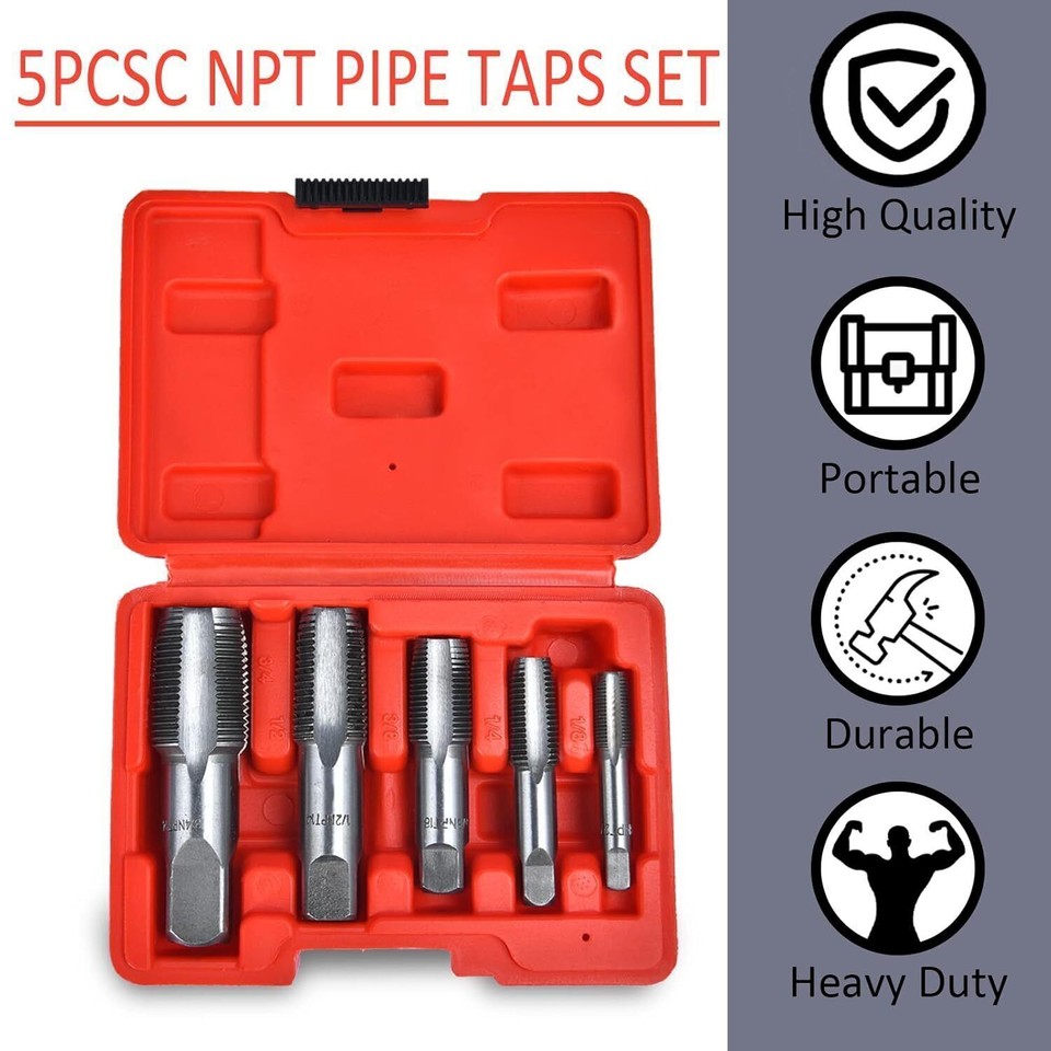 5Piece NPT Pipe Tap Set 1/8" 1/4" 3/8" 1/2" and 3/4" With Case Carbon ...