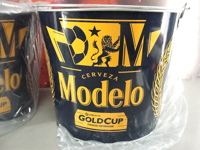MODELO BEER GALVANIZED ICE BUCKET PAIL PAIR LOT 2 SOCCER GOLD CUP BLU ...