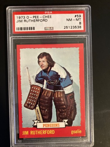 1973-74, O-Pee-Chee, OPC #59 JIM RUTHERFORD, PENGUINS GOALIE PSA 8 NM ...
